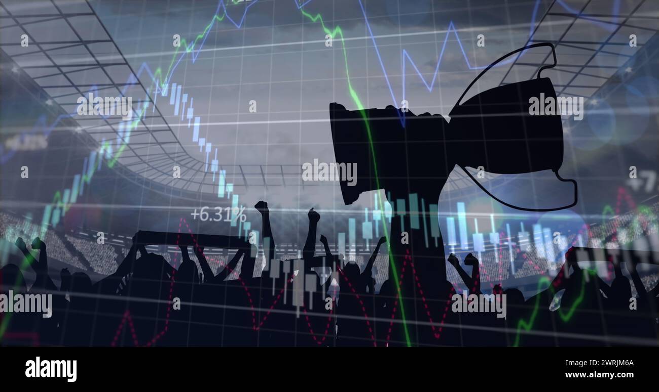 Image of data processing on line graphs over trophy and cheering sports ...