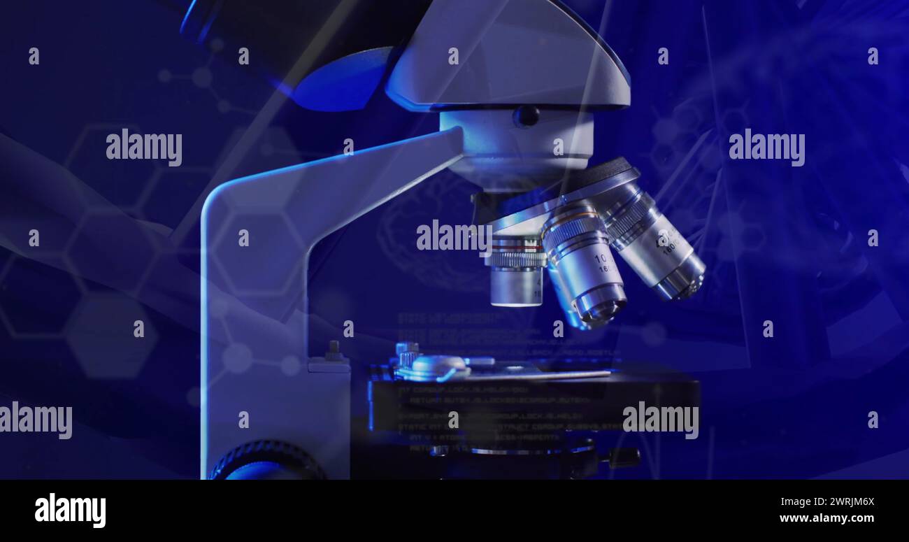 Image of chemical structures over laboratory microscope on blue background Stock Photo - Alamy