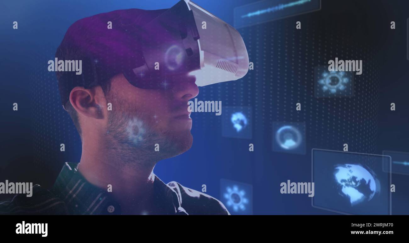 Image of globe spinning and scopes scanning on screens over man wearing vr headset Stock Photo ...