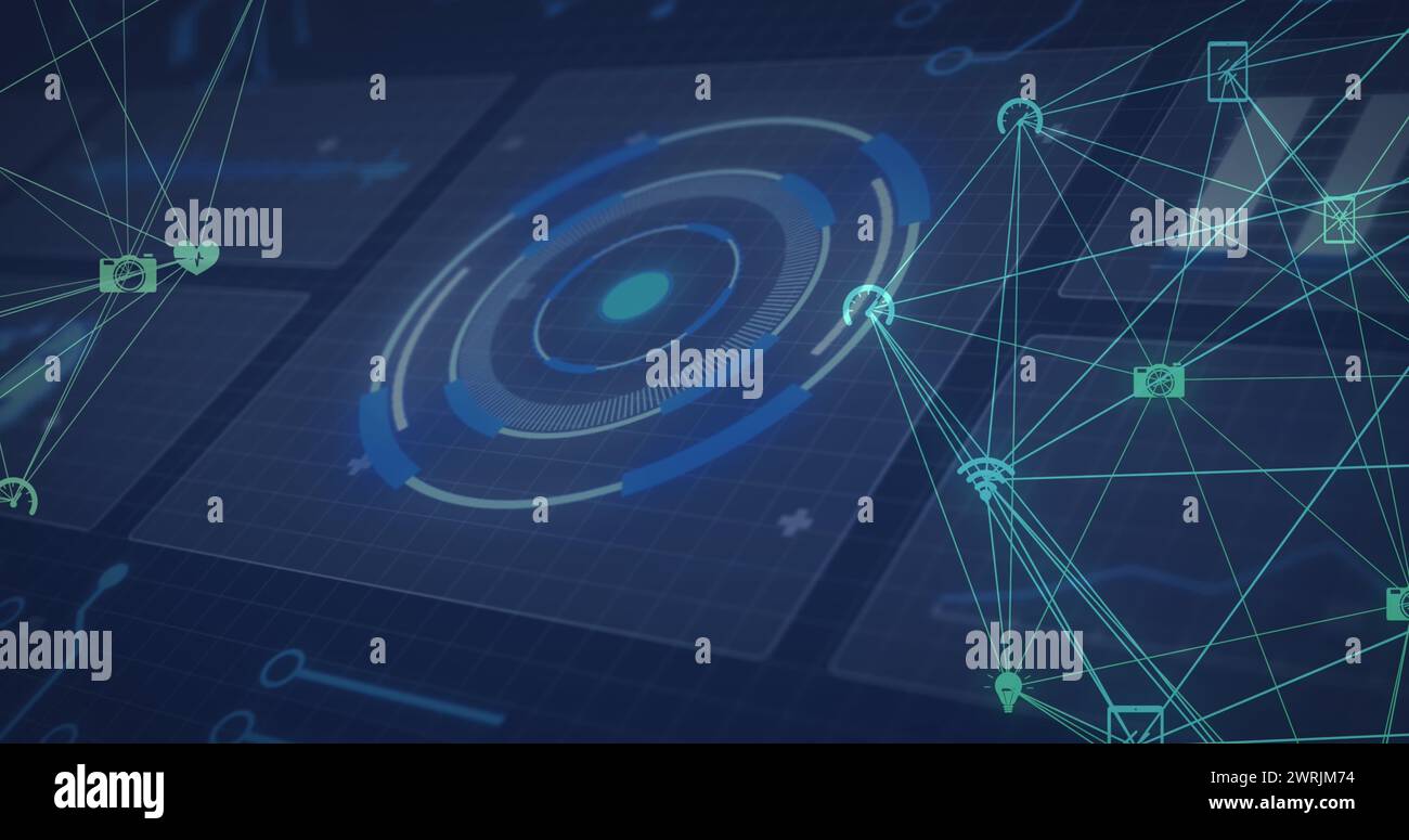 Image of scopes scanning and networks of connections on screens. global ...