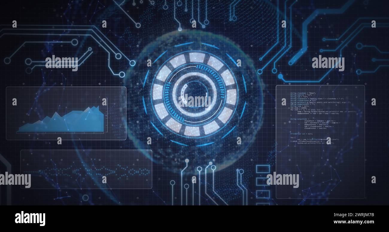 Image of scope scanning and data processing on screens with circuit board elements Stock Photo ...