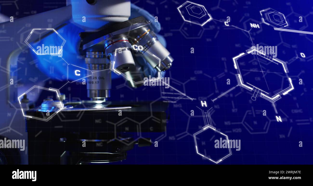 Image of chemical structures over laboratory microscope on blue ...