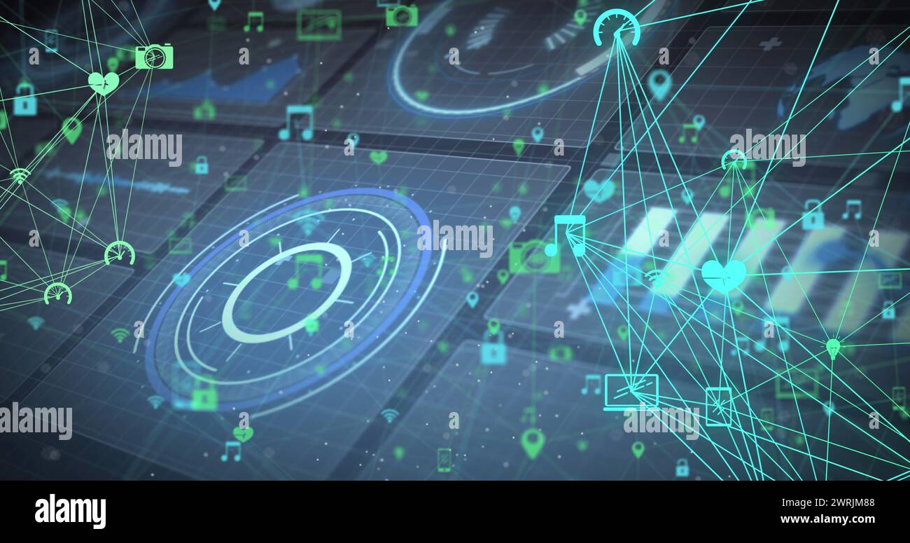 Image of networks of connections, scopes scanning and data processing on screens over grid Stock ...