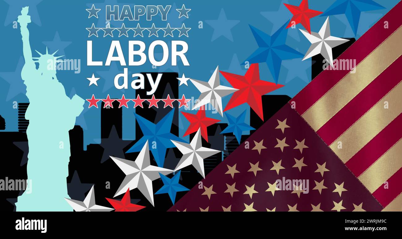 Image of labor day text over city and american flag Stock Photo - Alamy