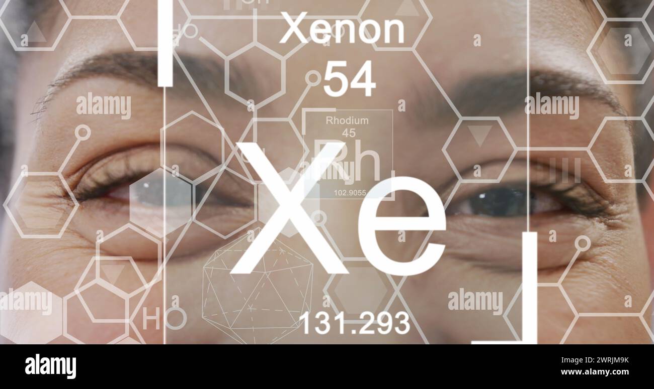 Image of elements and molecular strcutures over eyes of smiling ...