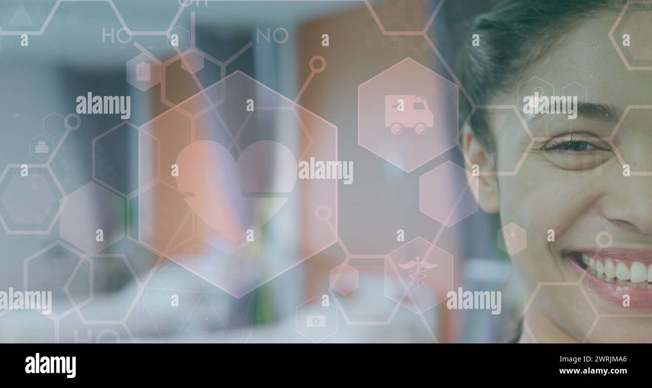 Image of heart beat, medical icons and cells over half face of smiling ...