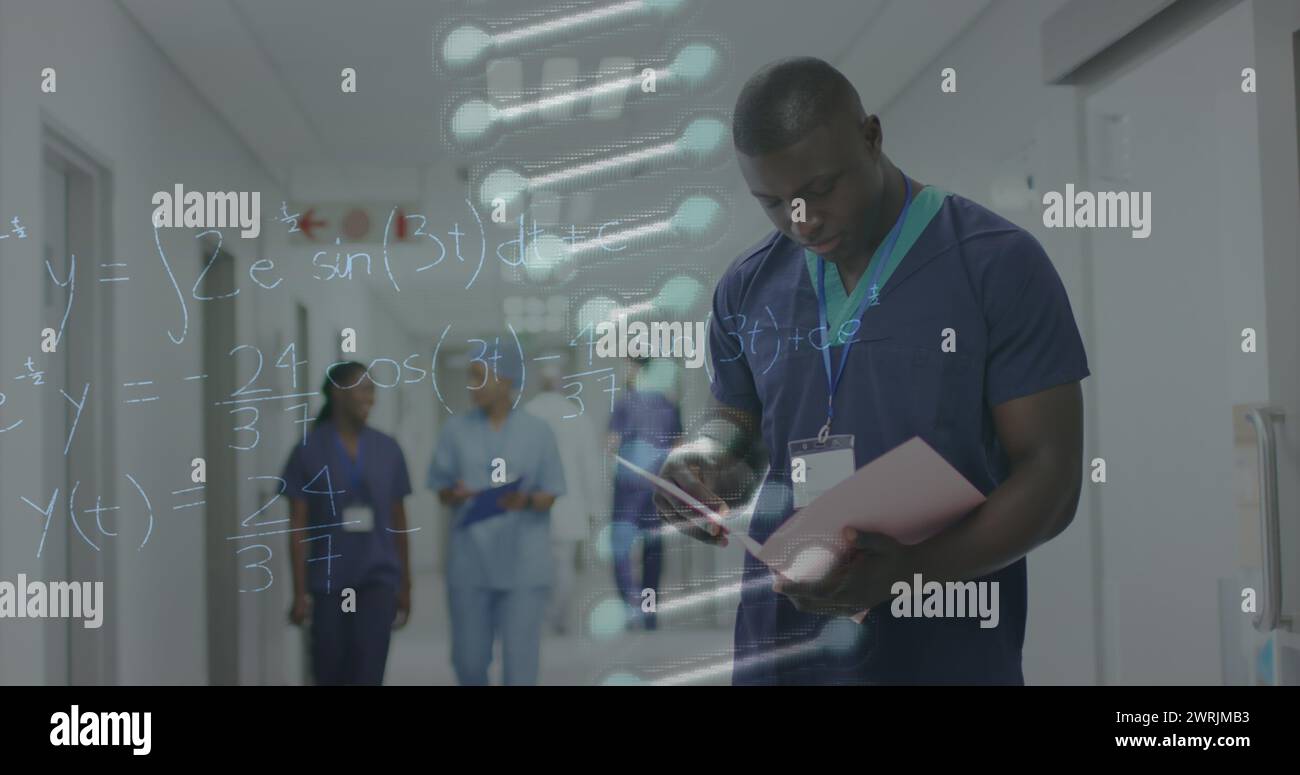 Image of dna strand and maths formulae over african american male ...