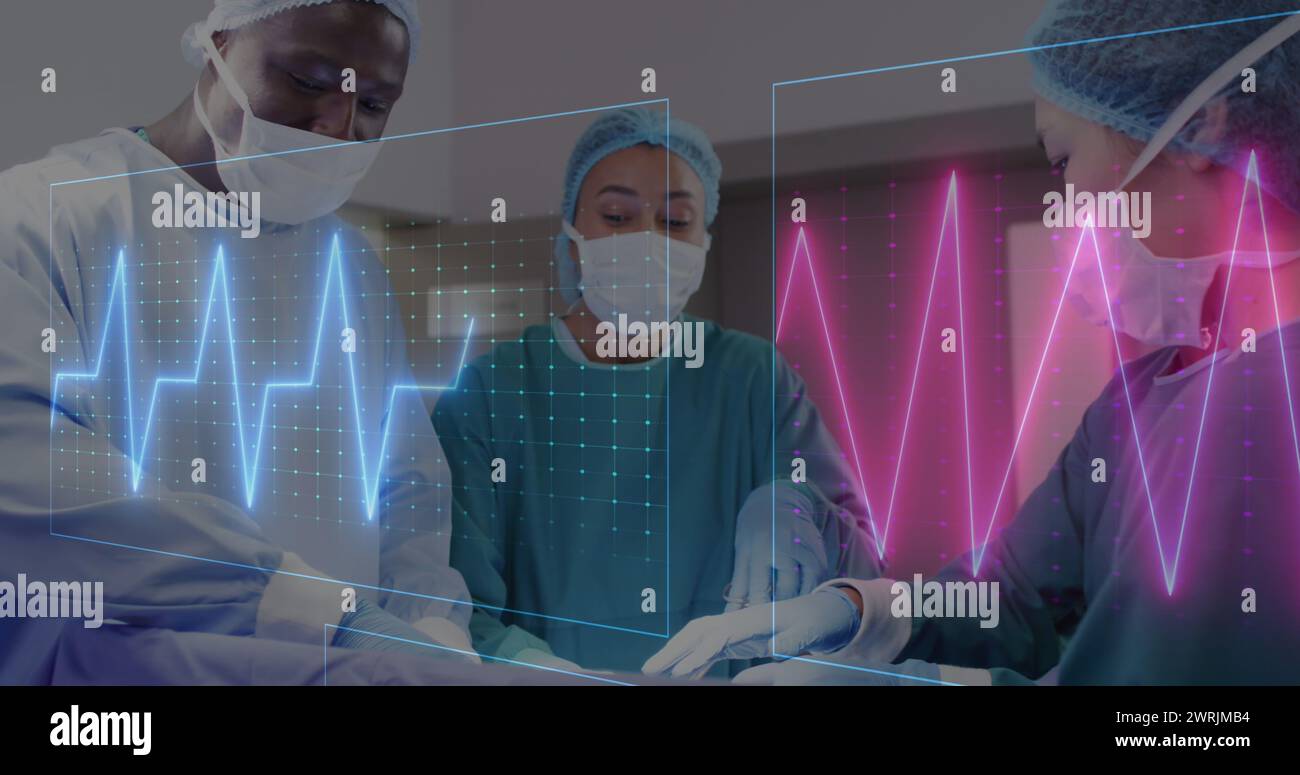Image of vital signs readings over diverse male and female surgeons ...