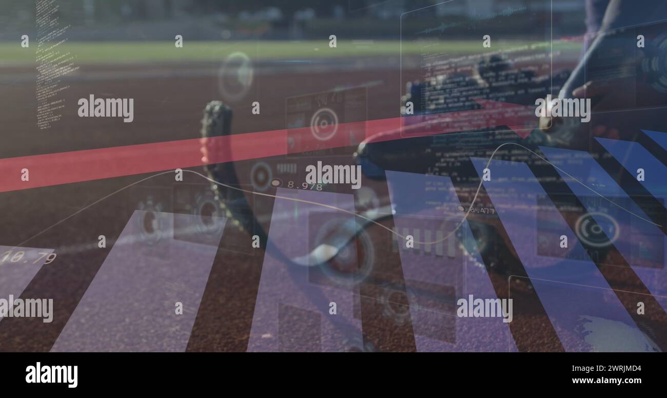 Image of statistics with arrow over disabled male athlete with running ...