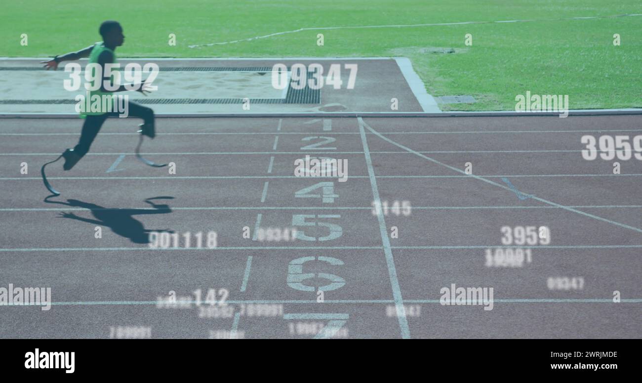 Image of numbers changing over disabled male athlete with running ...
