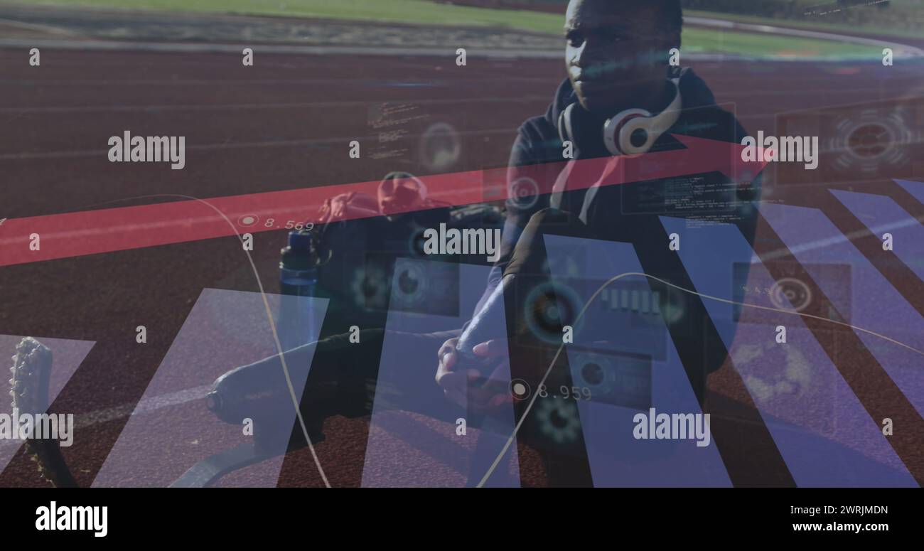 Image of statistics with arrow over disabled male athlete with running ...
