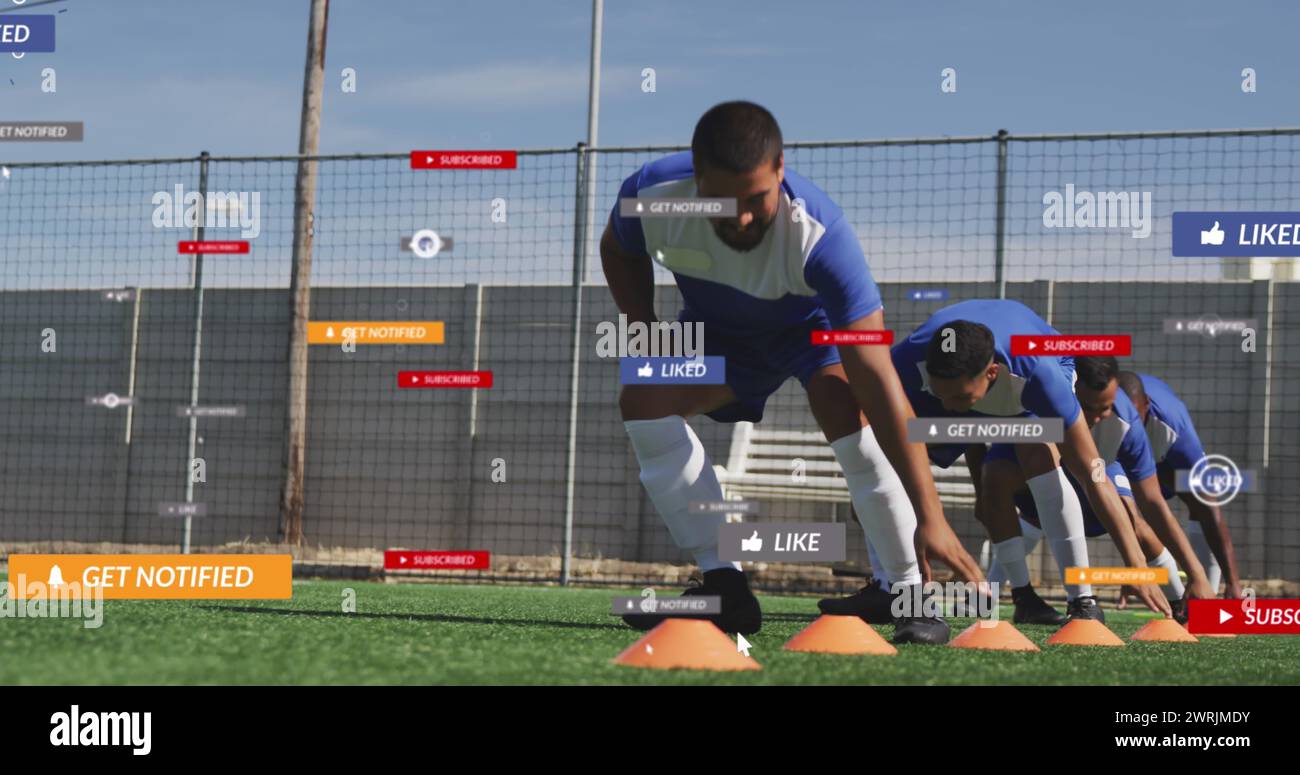 Image of social media text on banners over football players Stock Photo ...