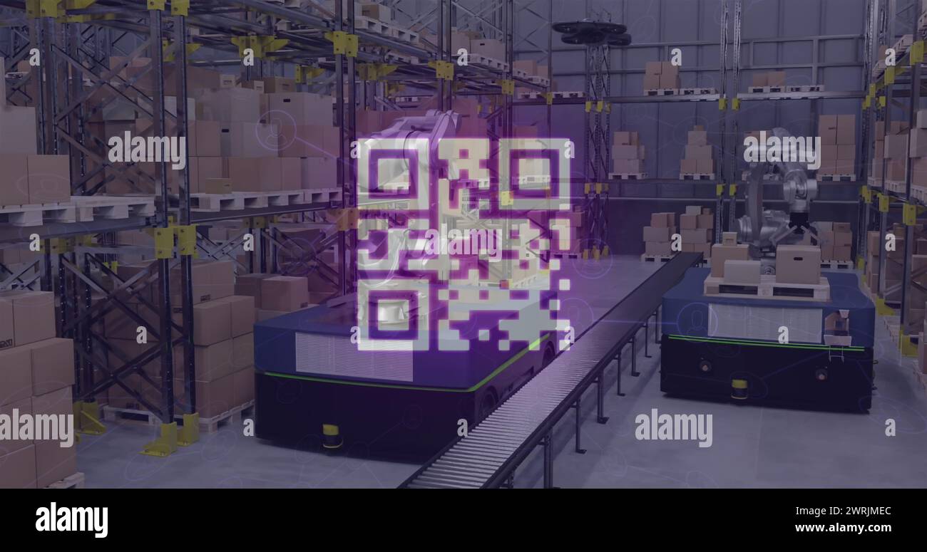 Image of qr code over warehouse. Global shipping, business, finance ...