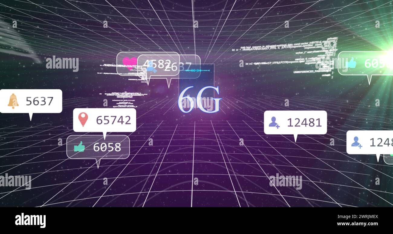 Image of 6x text and social media icons on banners over data processing ...