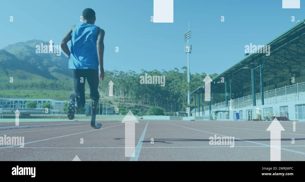 Image of arrows pointing up over disabled male athlete with running ...