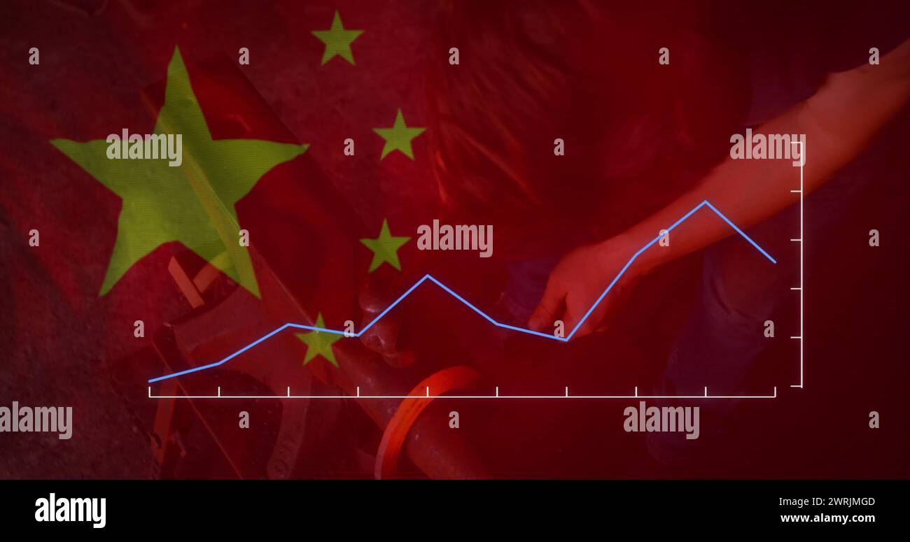 Image of financial data processing, flag of china over worker in ...