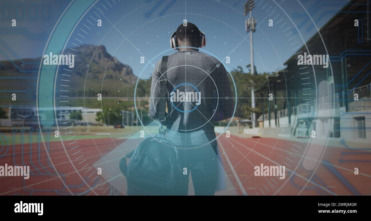 Image of digital data processing over disabled male athlete walking on ...