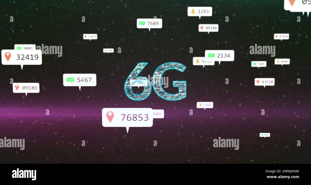 Image of 6g text, social media icons on banners over pink universe ...