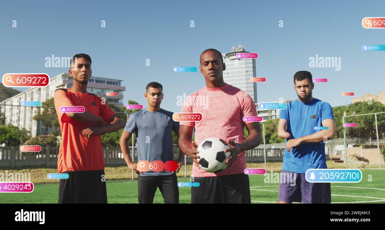 Image of social media icons on banners over football players on pitch ...