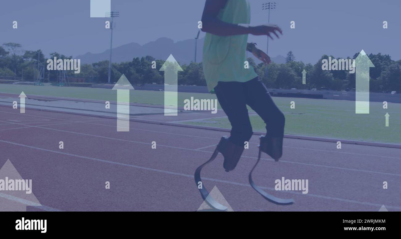 Image of arrows pointing up over disabled male athlete with running ...