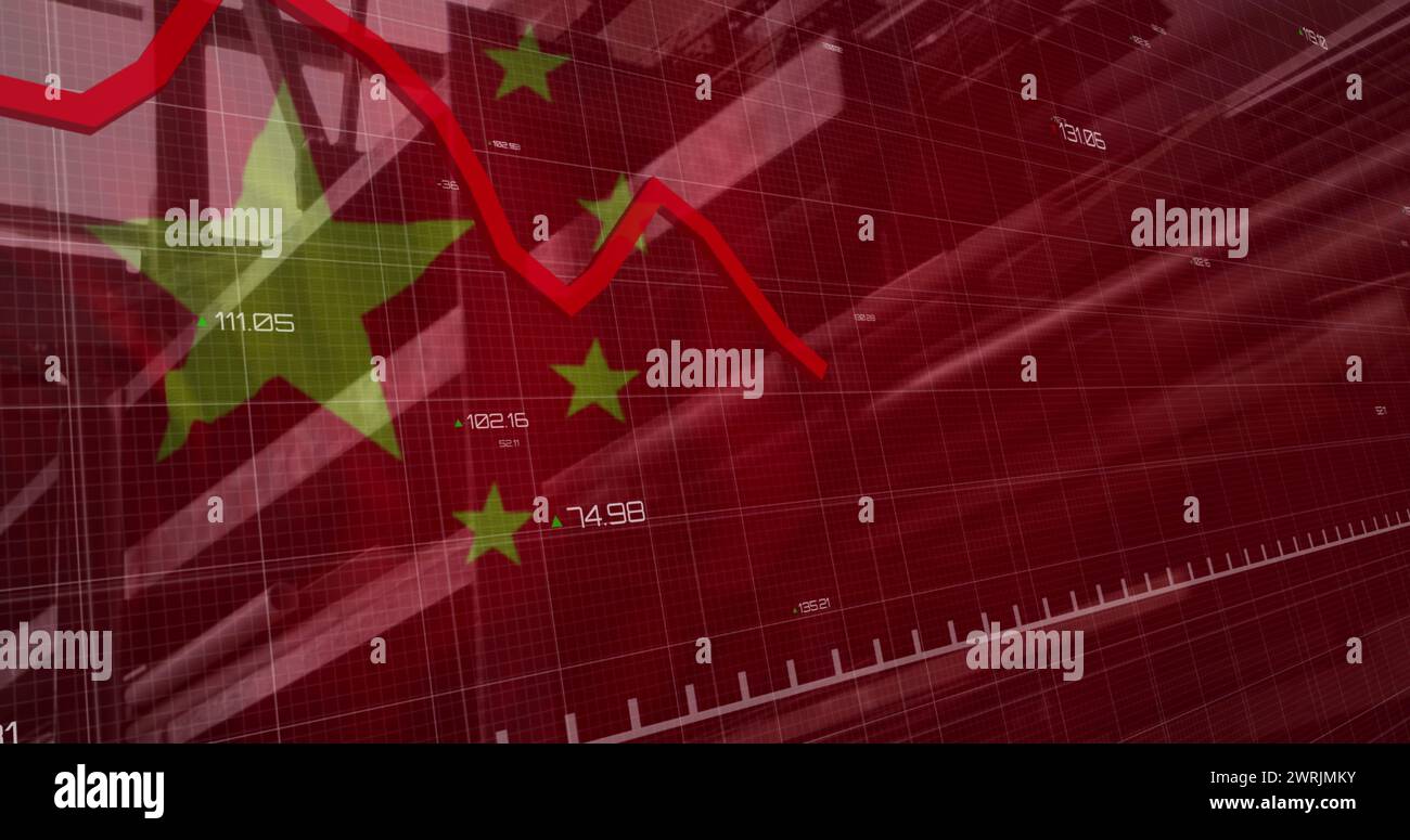 Image of financial data processing, flag of china over factory Stock ...