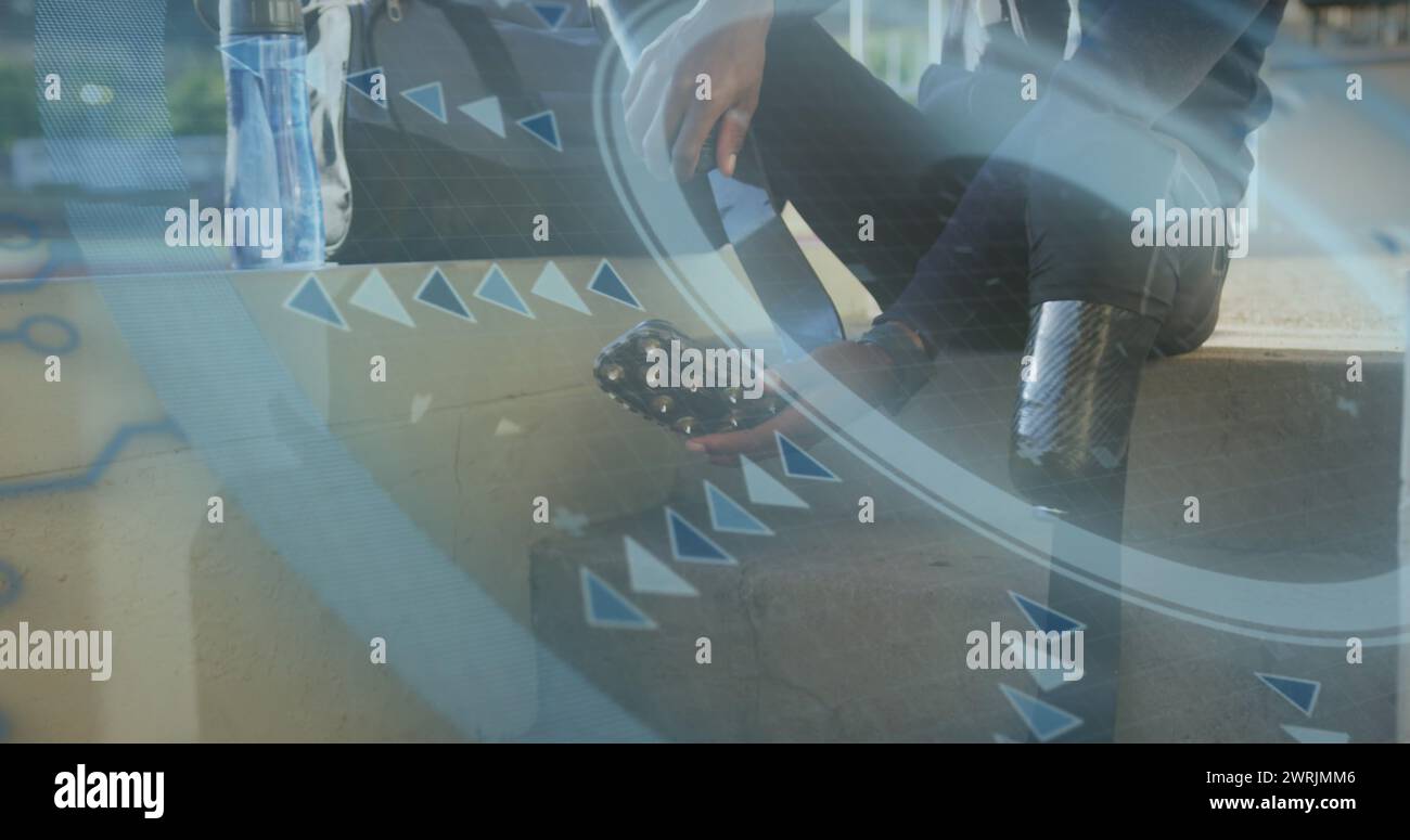 Image of digital data processing over disabled male athlete taking off ...