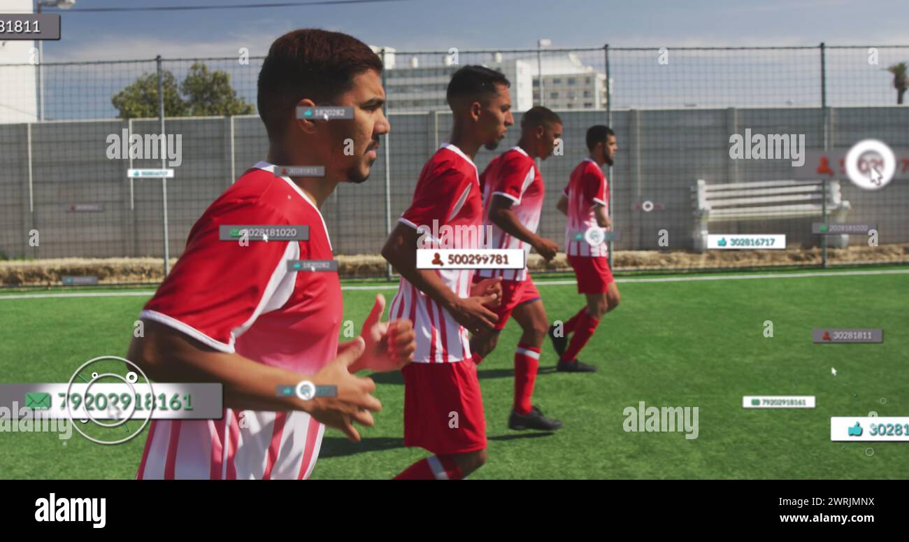 Image of social media icons on banners over football players on pitch ...