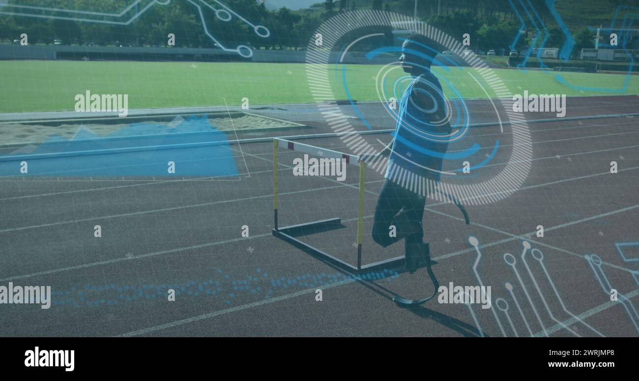 Image of digital data processing over disabled male athlete with ...