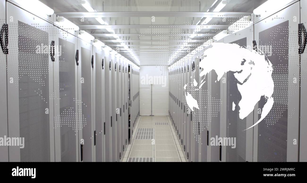 Data processing over spinning globe and world map against computer ...