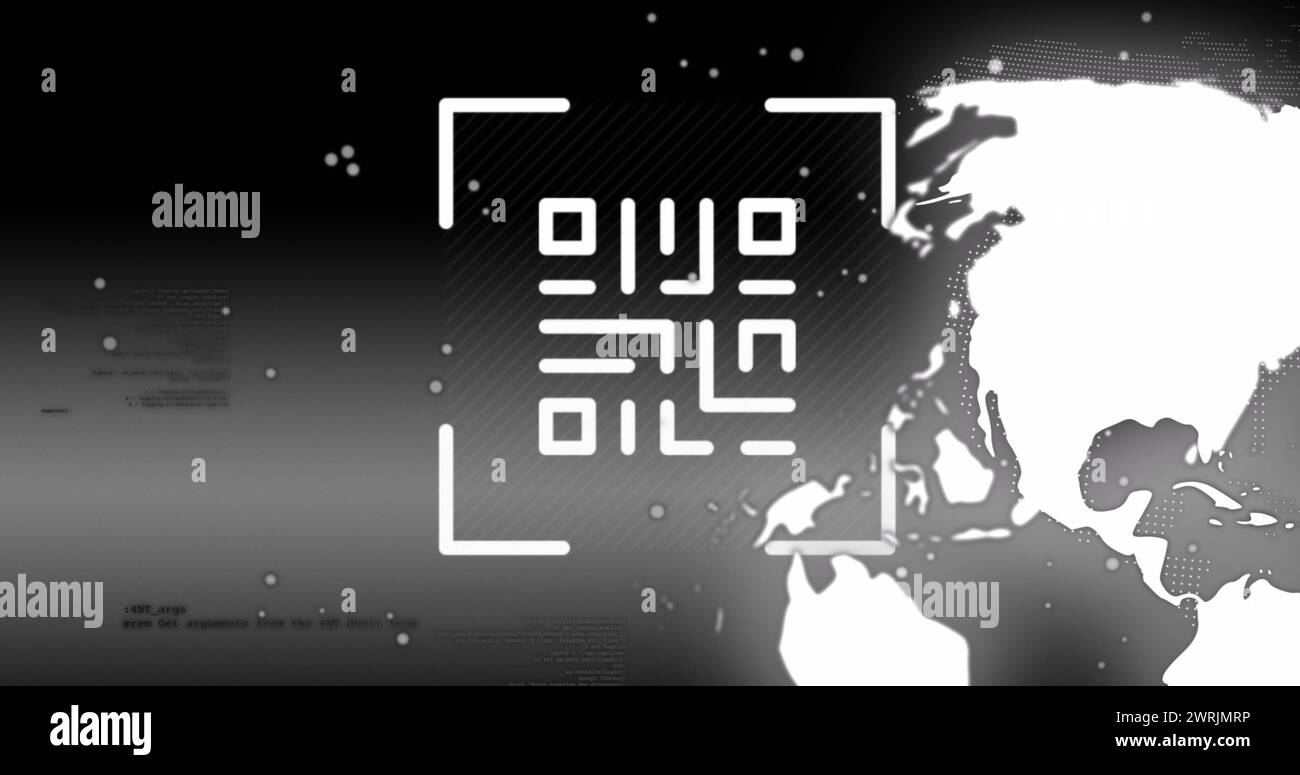 Qr code and data processing over spinning globe against black ...