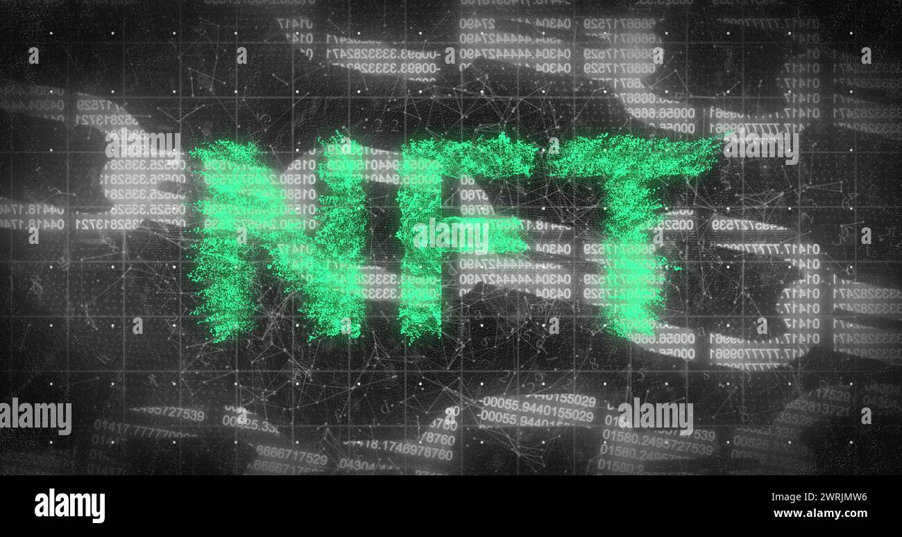 Green nft text banner over network of connections and security chain ...