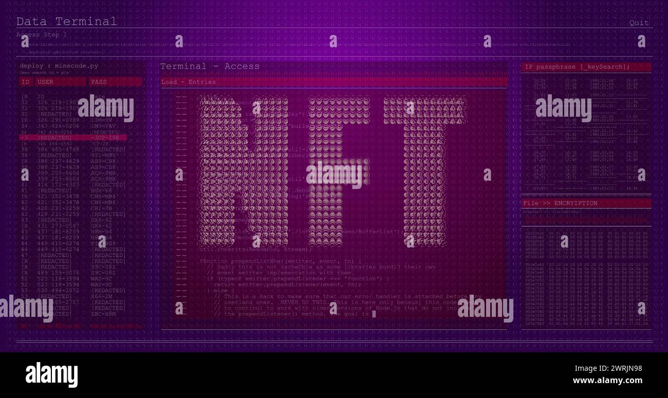 Nft text banner against computer interface with data processing against purple background Stock ...