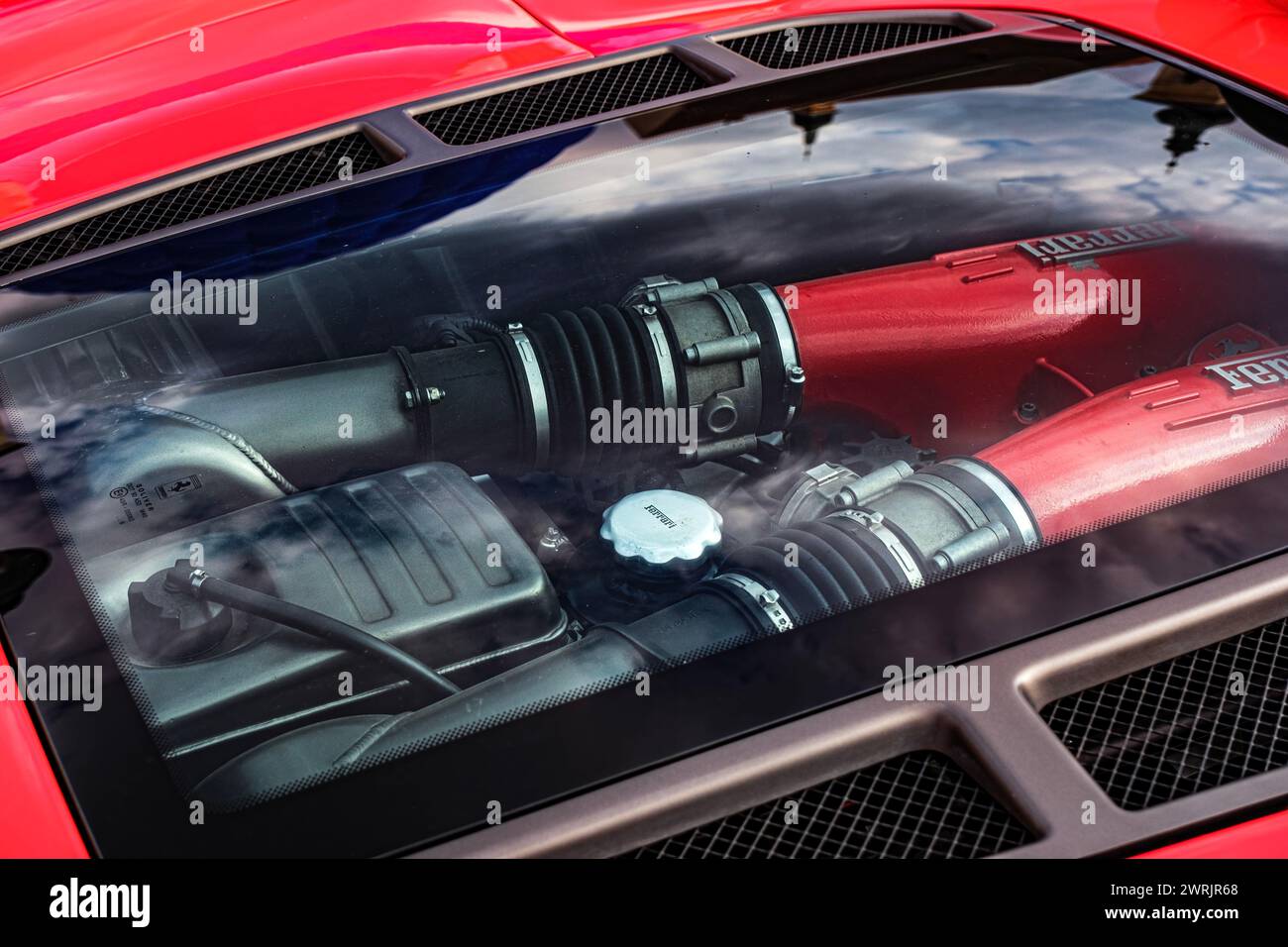 Sibiu City, Romania - 12 August 2021. the engine of a Ferrari car ...