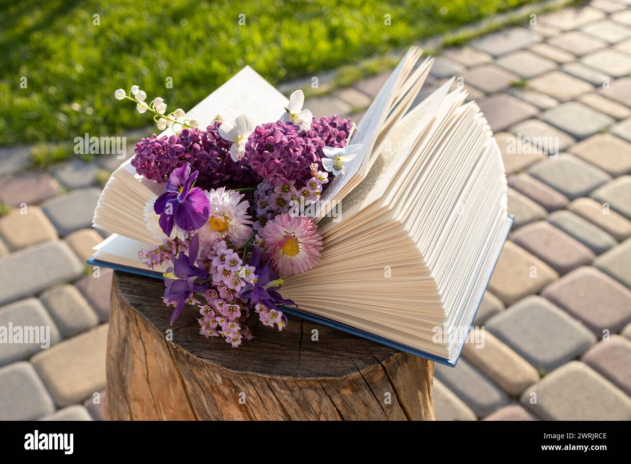 open book , between pages there is small bouquet of various flowers ...