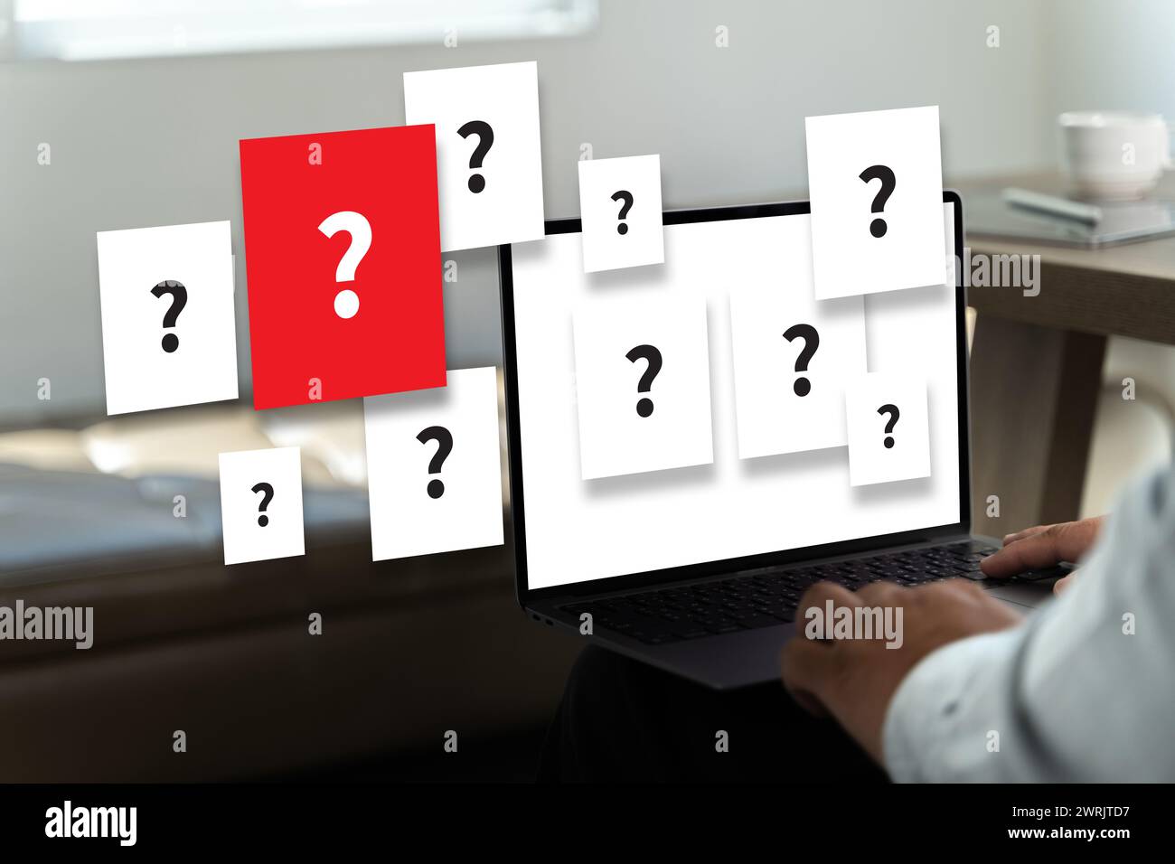 Question mark for FAQ problem young man looking computer Question mark ...