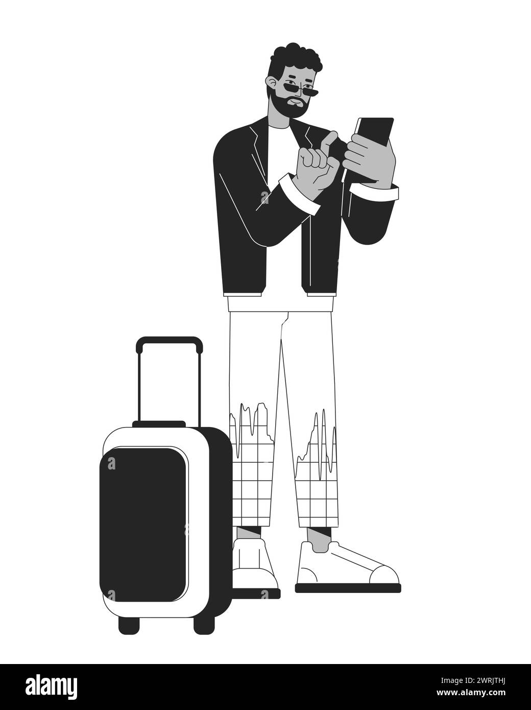 Luggage traveler man scrolling phone black and white 2D line cartoon character Stock Vector ...