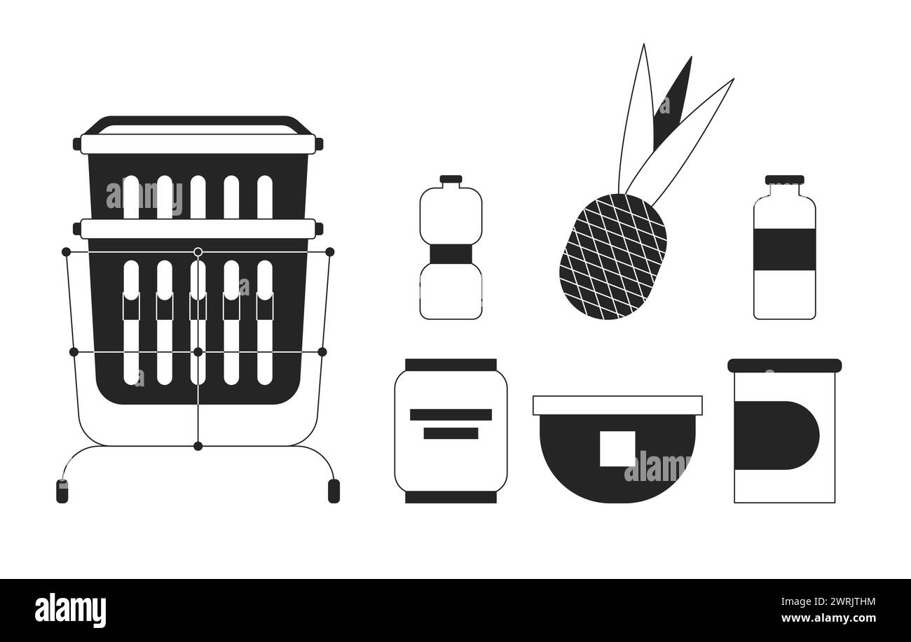 Shopping cart products black and white 2D line cartoon objects set ...