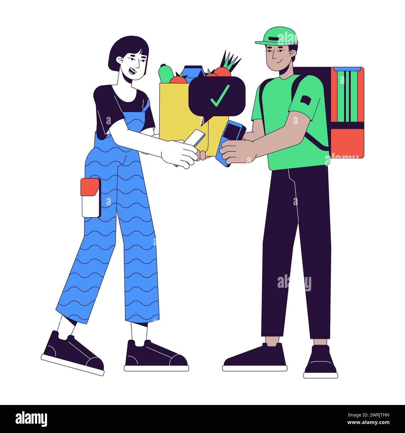 Korean woman paying through NFC for courier groceries 2D linear cartoon ...