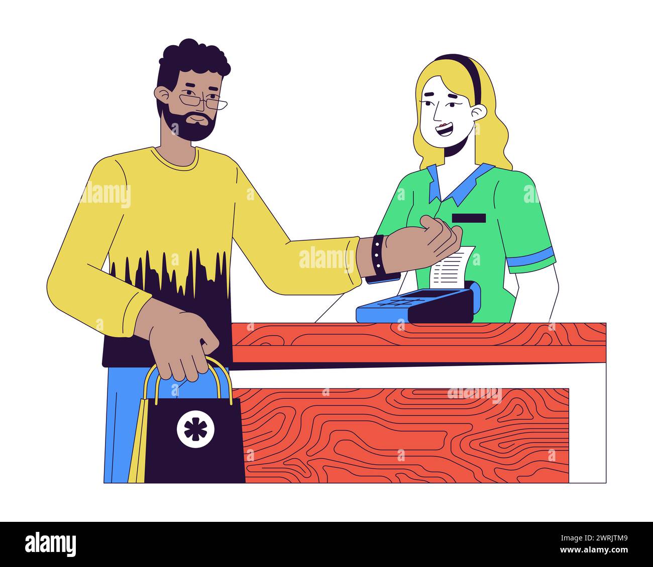 Pharmacy customer paying through nfc watch 2D linear cartoon characters ...