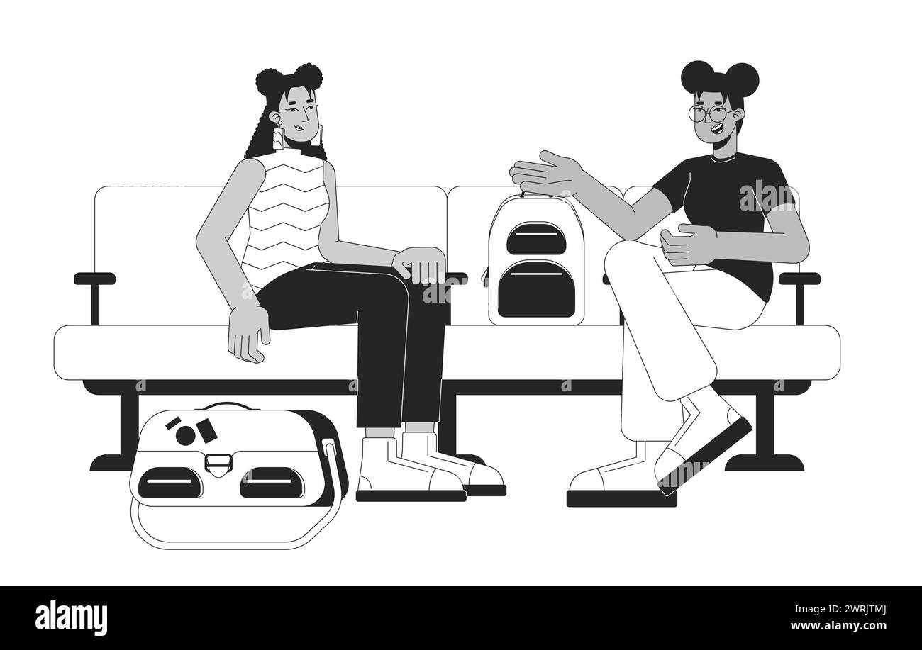 Wait passengers women friends black and white 2D line cartoon ...
