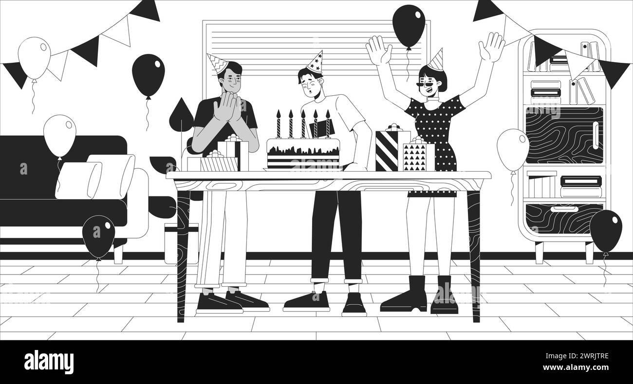Birthday party at home black and white line illustration Stock Vector ...