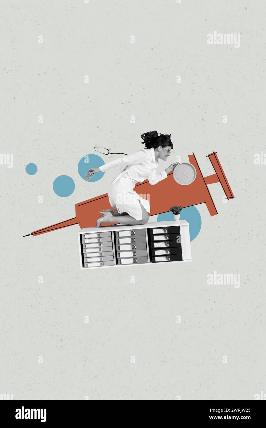 Collage picture of young woman medic worker in office hurry help ...