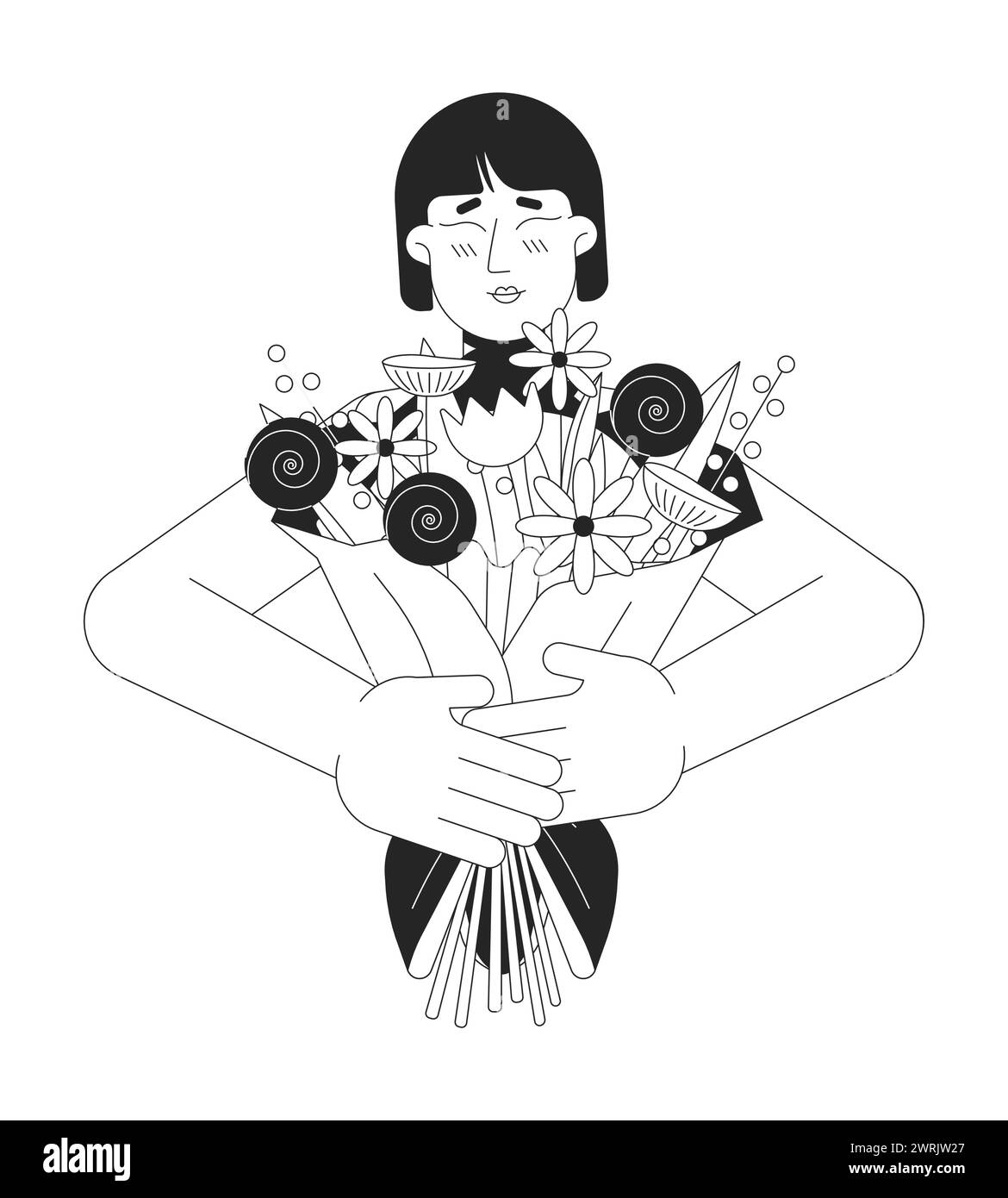 Affectionate mother bouquet black and white 2D line cartoon character ...