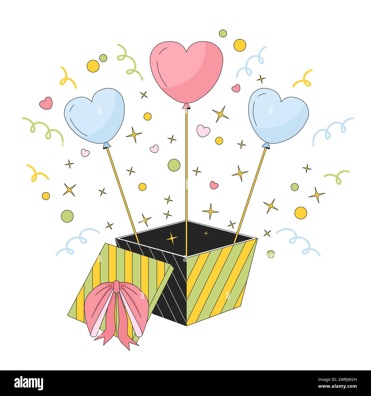 Confetti heart balloons out of gift box 2D linear cartoon object Stock ...