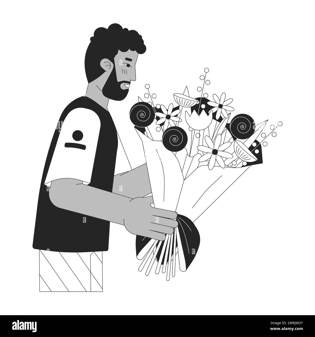 Bearded black man holding bouquet black and white 2D line cartoon character Stock Vector Image ...