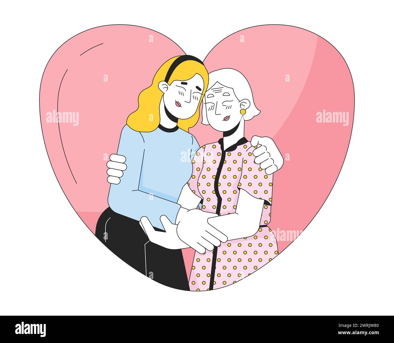 Heart Shaped Older Mother Daughter Hug 2d Linear Cartoon Characters