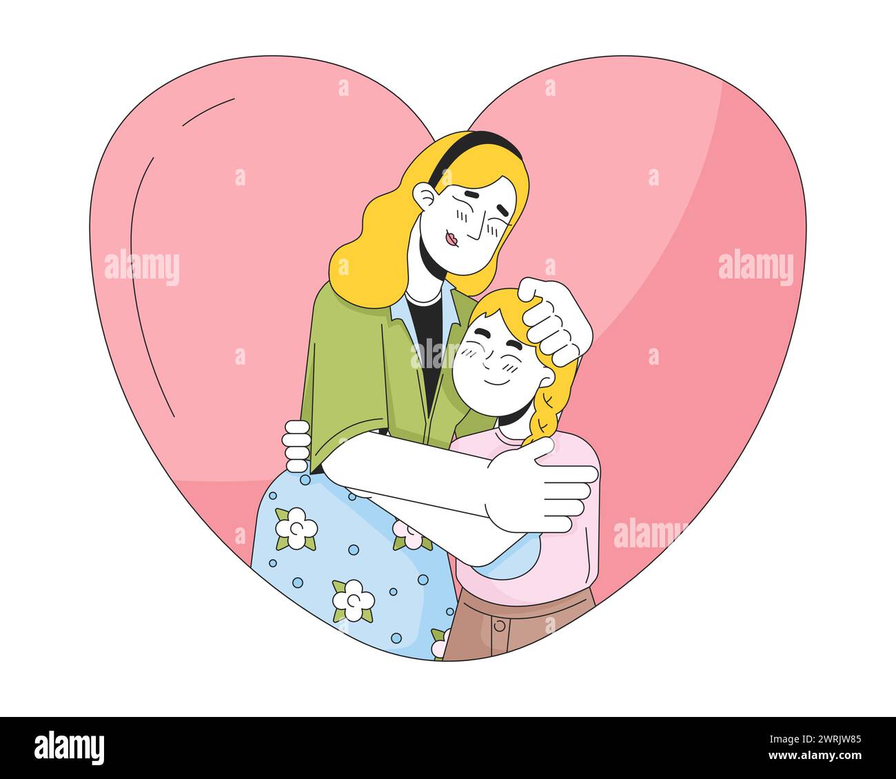Heart-shaped young daughter mother hug 2D linear cartoon characters ...