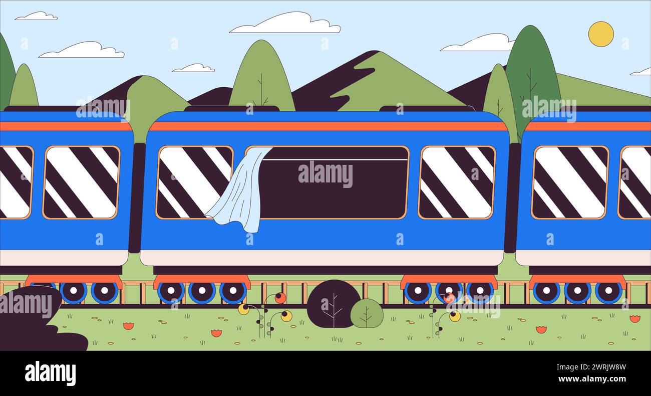 Train riding through lush grass mountains cartoon flat illustration ...