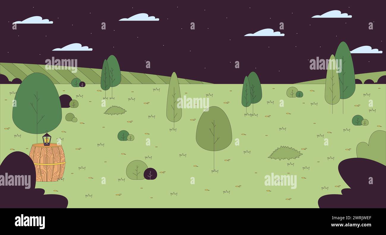Summer meadow under night sky cartoon flat illustration Stock Vector ...