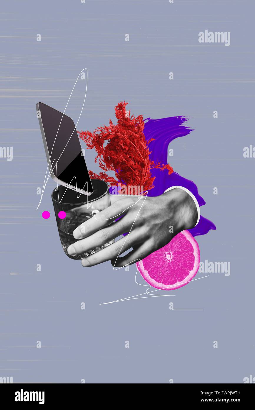 Vertical creative collage poster human body fragment arm hold cup ...